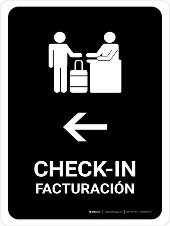 Check-In With Left Arrow Black Bilingual Spanish Portrait - Wall Sign