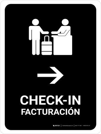 Check-In With Right Arrow Black Bilingual Spanish Portrait - Wall Sign
