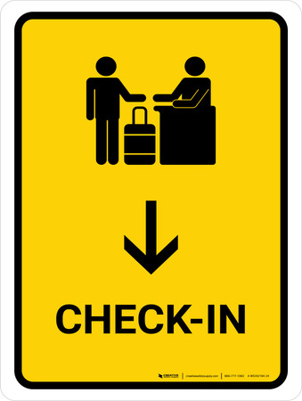 Check-In With Down Arrow Yellow Portrait - Wall Sign