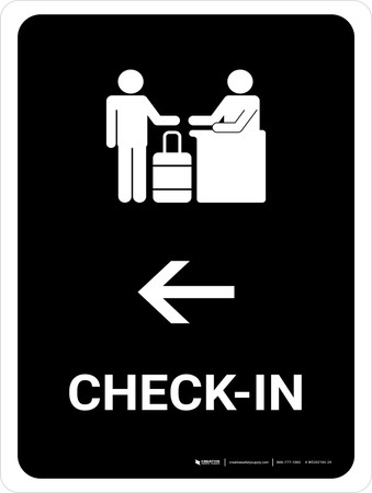 Check-In With Left Arrow Black Portrait - Wall Sign