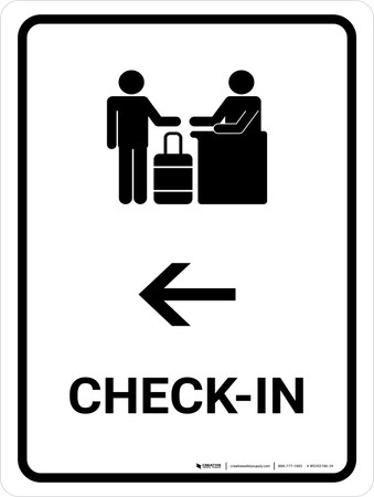 Check-In With Left Arrow White Portrait - Wall Sign