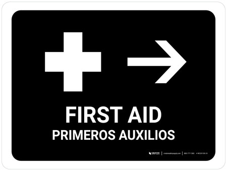 First Aid With Right Arrow Black Bilingual Spanish Landscape - Wall Sign