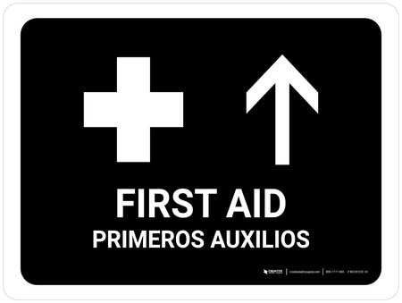 First Aid With Up Arrow Black Bilingual Spanish Landscape - Wall Sign