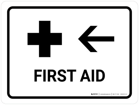 First Aid With Left Arrow White Landscape - Wall Sign