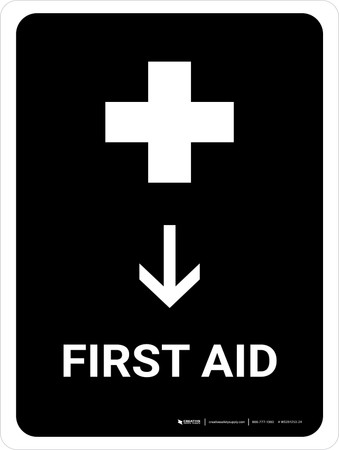 First Aid With Down Arrow Black Portrait - Wall Sign