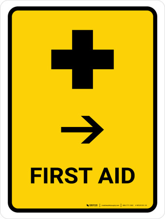 First Aid With Right Arrow Yellow Portrait - Wall Sign