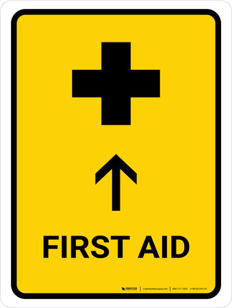 First Aid With Up Arrow Yellow Portrait - Wall Sign