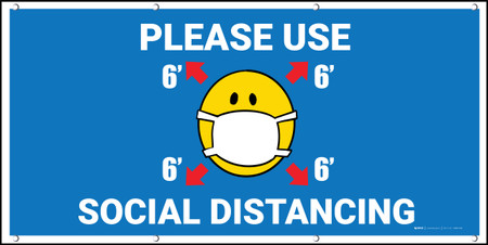 Please Use Social Distancing with Facemask Emoji Blue - Banner ...