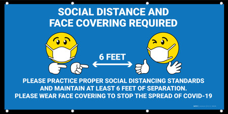 Social Distance and Face Covering Required with Emojis Blue - Banner