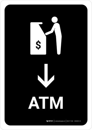 ATM With Down Arrow Black Portrait - Wall Sign