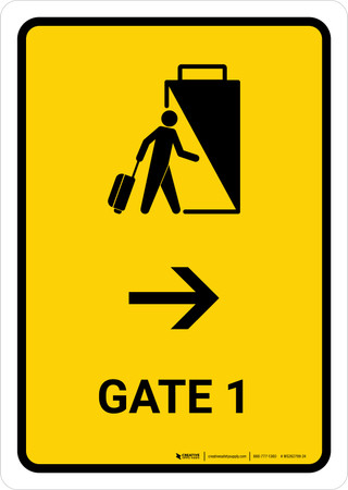 Gate 1 With Right Arrow Yellow Portrait - Wall Sign