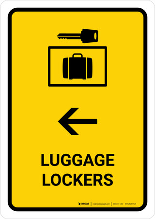 Luggage Lockers With Left Arrow Yellow Portrait - Wall Sign