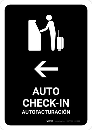 Auto Check In With Left Arrow Black Bilingual Spanish Portrait - Wall Sign