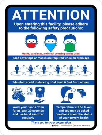 Attention: Upon Entering This Facility - Covid-19 Safety Precaution with Icons Portrait - Wall Sign