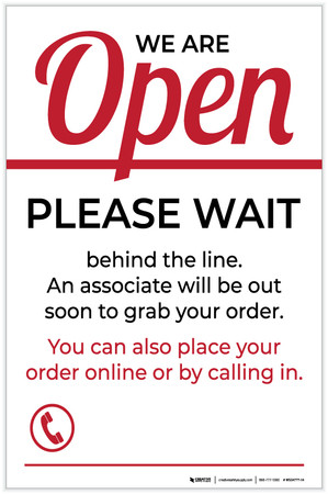 We Are Open Pease Wait Behind Line Portrait - Label