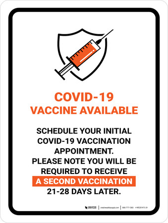 Covid-19 Vaccine Available - Second Dose Portrait - Wall Sign