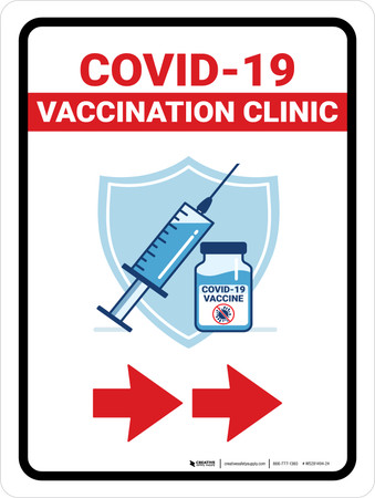 Covid-19 Vaccination Clinic Right Arrow Red Portrait - Wall Sign