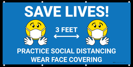 Save Lives! Practice Social Distancing 3 Feet Blue with Emoji - Banner