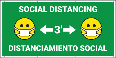 Social Distancing 3ft Bilingual Green with Facemask Emojis - Banner