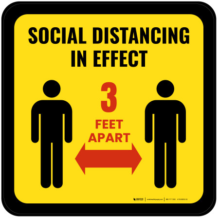 Social Distancing In Effect 3 Feet Apart - Yellow/Black Square - Floor Sign