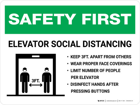 Safety First: Elevator Social Distancing Rules with 3ft Icon Landscape - Wall Sign