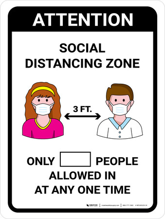Attention Social Distancing Zone with 3ft Icons Portrait - Wall Sign