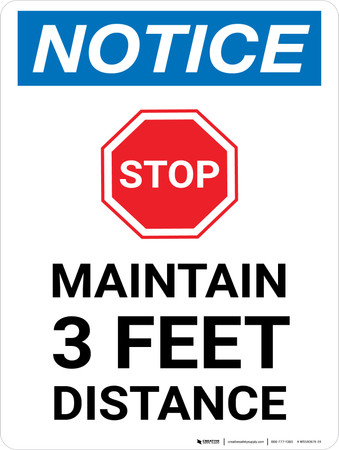 Notice: Stop Maintain 3ft Distance with Icon Portrait - Wall Sign