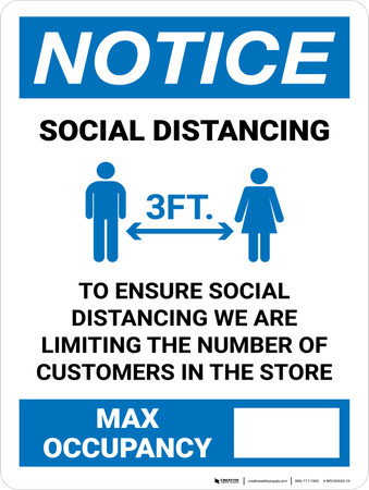 Notice: Social Distancing Max Occupancy with 3ft Icon Portrait - Wall Sign