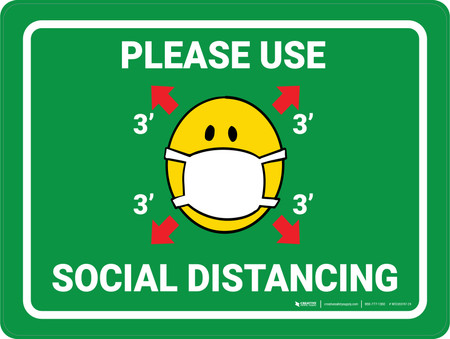 Please Use Social Distancing 3ft Emoji Green - Wall Sign