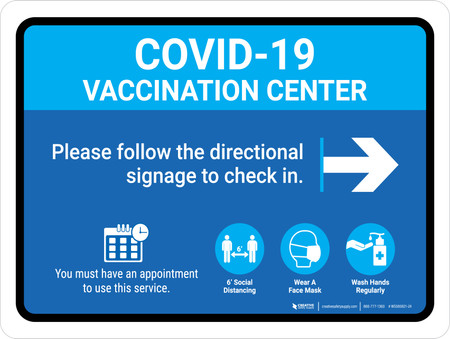 Covid-19 Vaccination Center Blue Right Arrow Landscape - Wall Sign