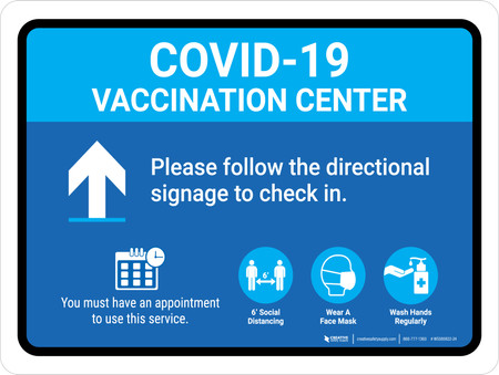 Covid-19 Vaccination Center Blue Up Arrow Landscape - Wall Sign