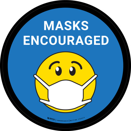 Masks Encouraged Blue Round With Emoticon - Floor Sign