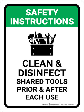 Safety Instructions: Clean & Disinfect Shared Tools Portrait - Wall Sign