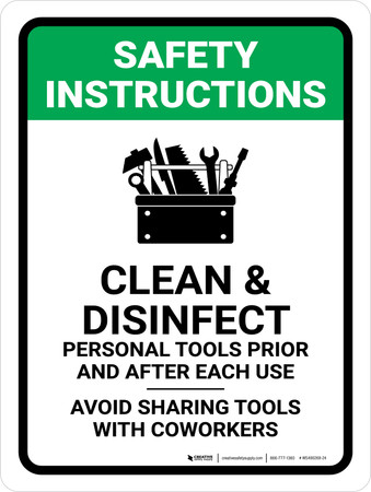 Safety Instructions: Clean & Disinfect Personal Tools Portrait - Wall Sign