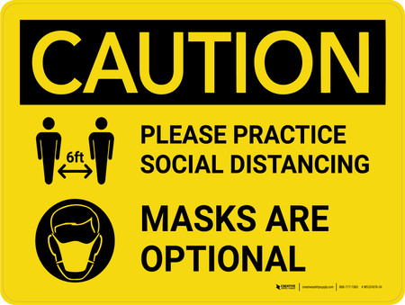 Caution: Practice Social Distancing Mask Are Optional Landscape - Wall Sign