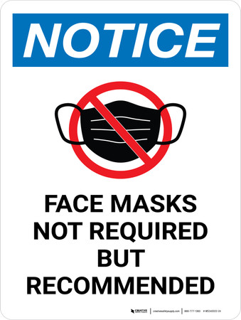 Notice: Face Masks Not Required But Recommended Portrait - Wall Sign