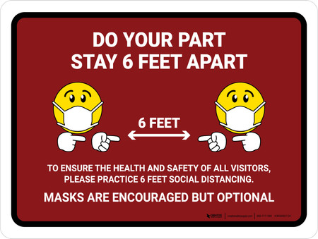 Do Your Part Stay 6 Feet Apart Red With Emoji Landscape - Wall Sign