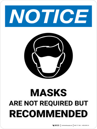 Notice: Masks Are Not Required But Recommended Portrait - Wall Sign