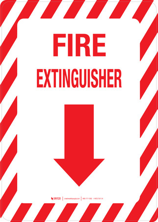 Fire Extinguisher Arrow Down Arrow with Hazard Lines Portrait - Wall Sign