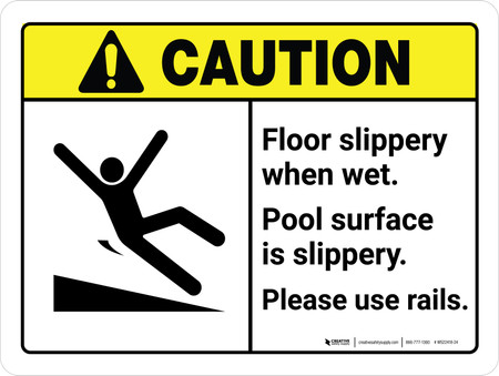 Caution: ANSI Pool Surface Slippery Landscape - Wall Sign