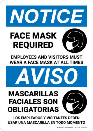 Notice: Face Mask Required At All Times Spanish Bilingual Portrait ...