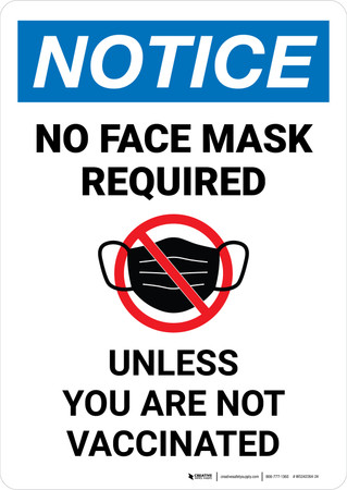 Notice: No Face Mask Required Unless Portrait - Wall Sign