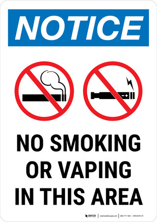 Notice: No Smoking Or Vaping In This Area with Icons Portrait - Wall ...