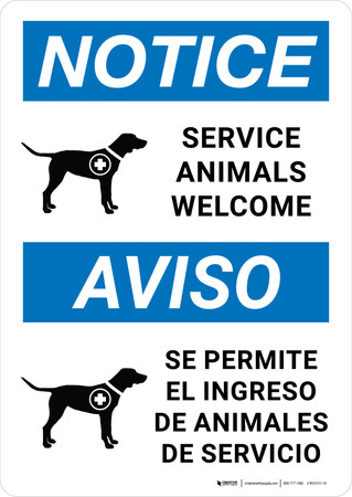 Notice: Service Animals Welcome Bilingual Spanish with Icon Portrait ...