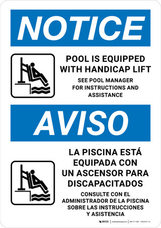 Notice: Pool Is Equipped With Handicap Lift Landscape - Wall Sign
