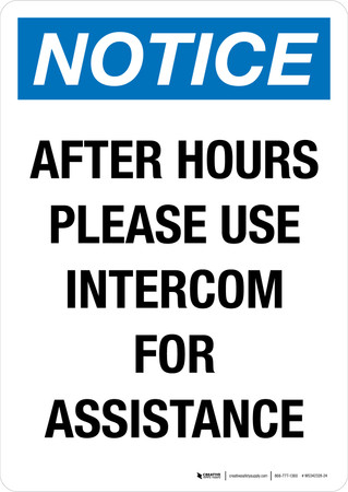Notice: After Hours Please Use Intercom For Assistance Portrait - Wall Sign
