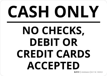 Cash Only: No Checks Debit or Credit Cards Accepted Landscape - Wall Sign