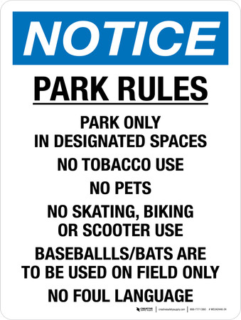 Notice: Park Rules Portrait - Wall Sign