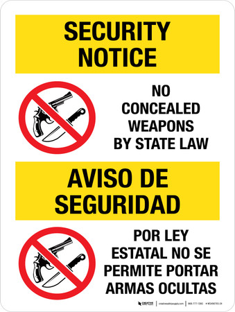 Security Notice: No Concealed Weapons By State Law Bilingual Spanish ...