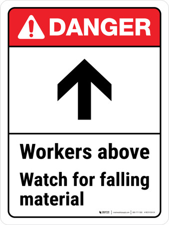 Danger: ANSI Workers Above Watch For Falling Material Arrow Up Portrait ...